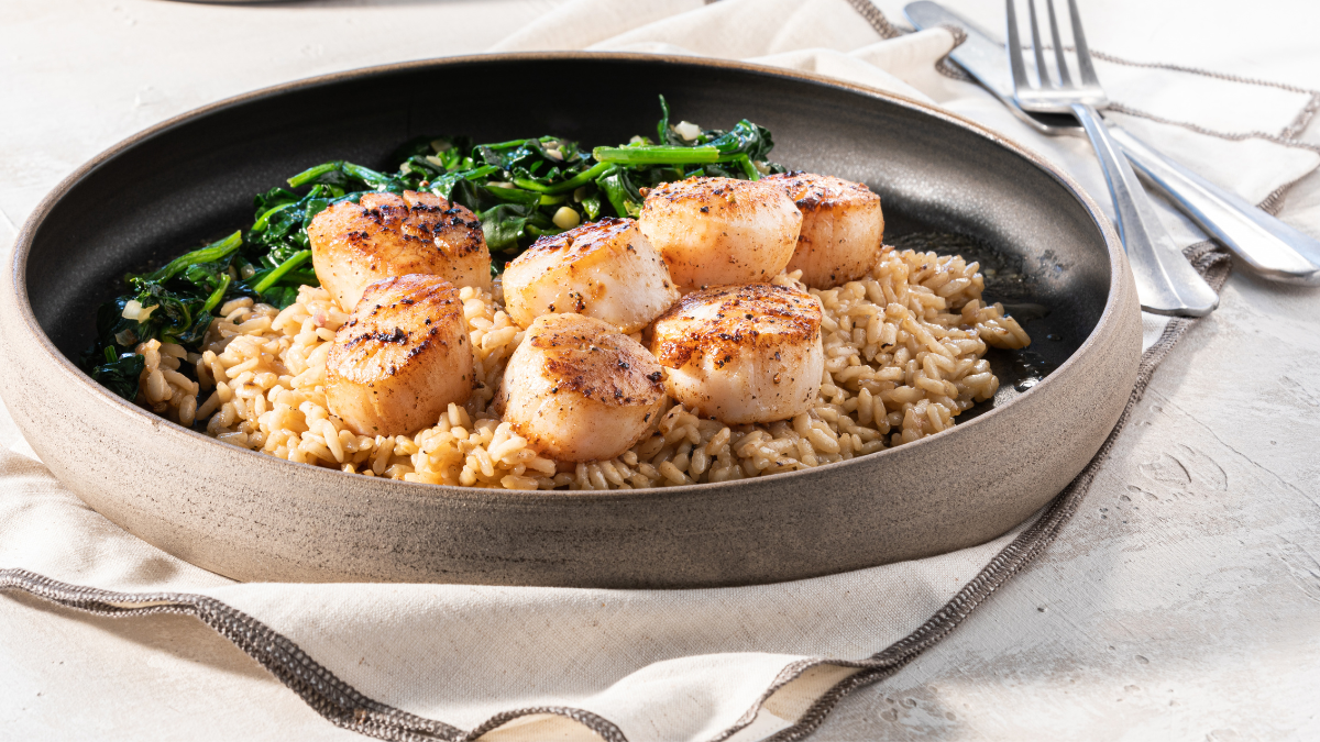 Scallops over Spinach Parmesan Risotto – True North Seafood